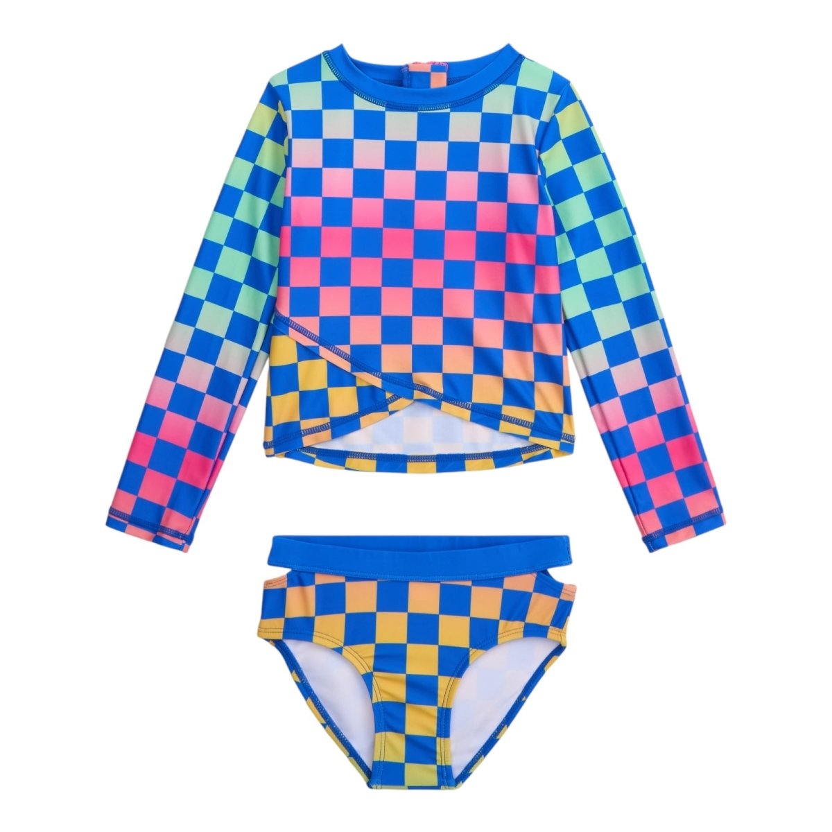 CHECKERED LONG SLEEVE RASH GUARD TWO PIECE SWIMSUIT SET