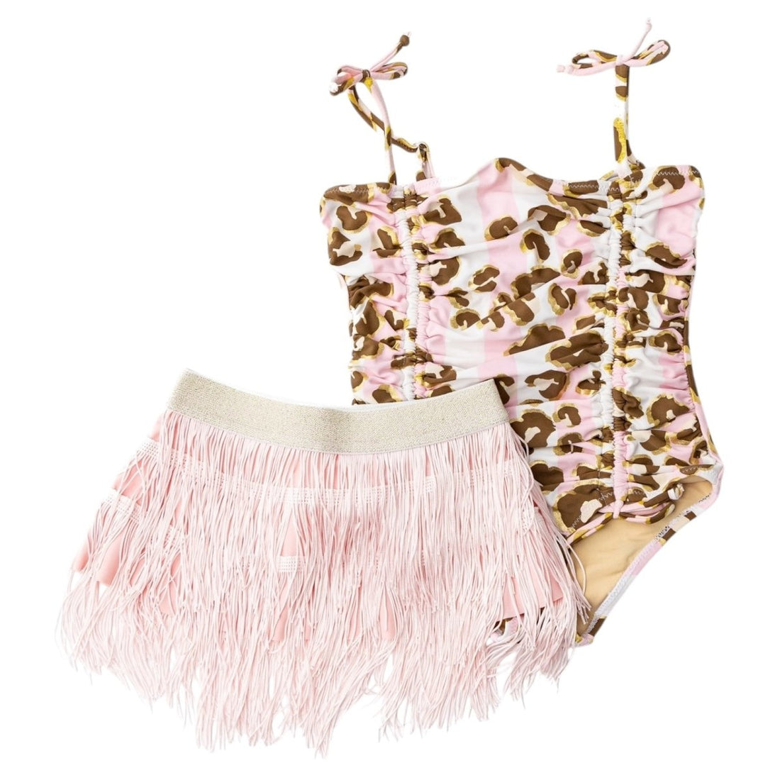 Leopard Metallic One Piece Swimsuit with Fringe Skirt | Shade Critters