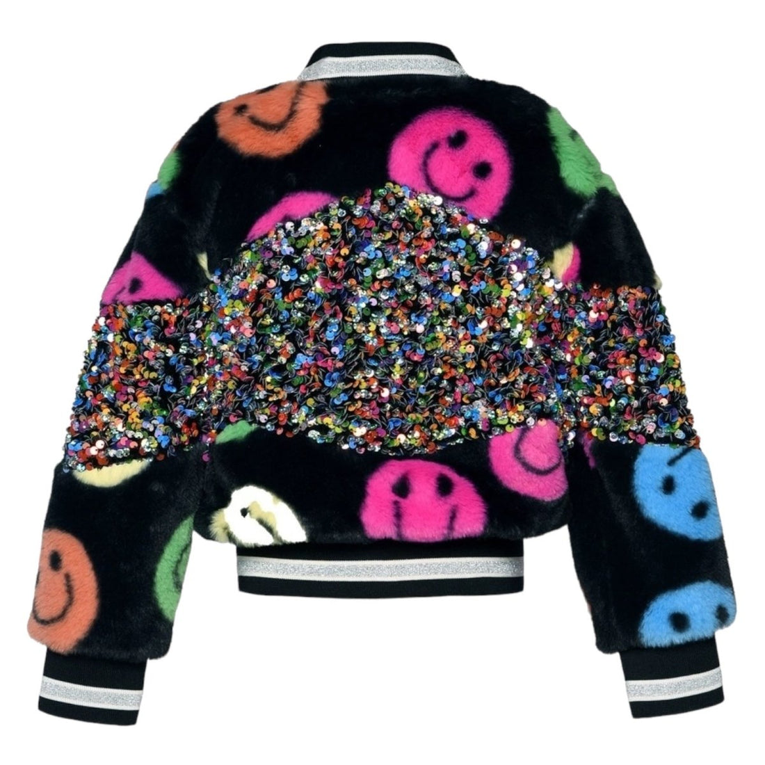 Smiley Face & Fringe Faux Fur Bomber Jacket | Mini Dreamers