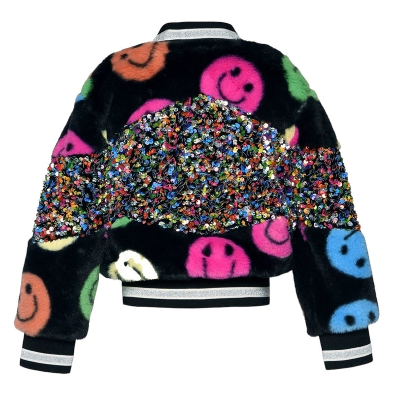Smiley Face & Fringe Faux Fur Bomber Jacket | Mini Dreamers
