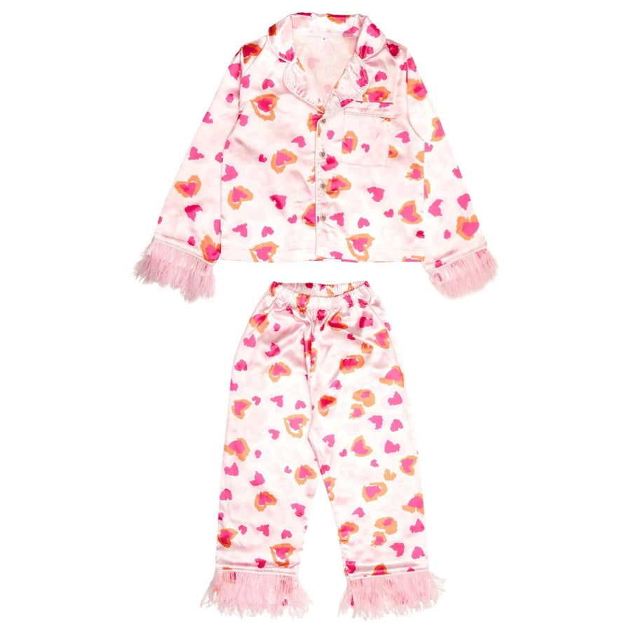Lev Heart Silk Button Down & Pants Set with Feather Accents | Mini Dreamers