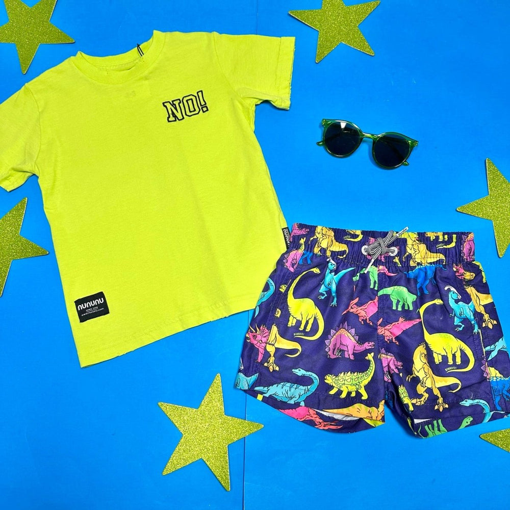 NEON DINO SWIM TRUNKS