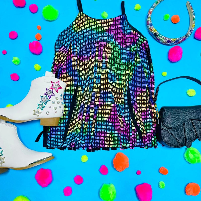 NEON SEQUIN PRINT FRINGE DRESS