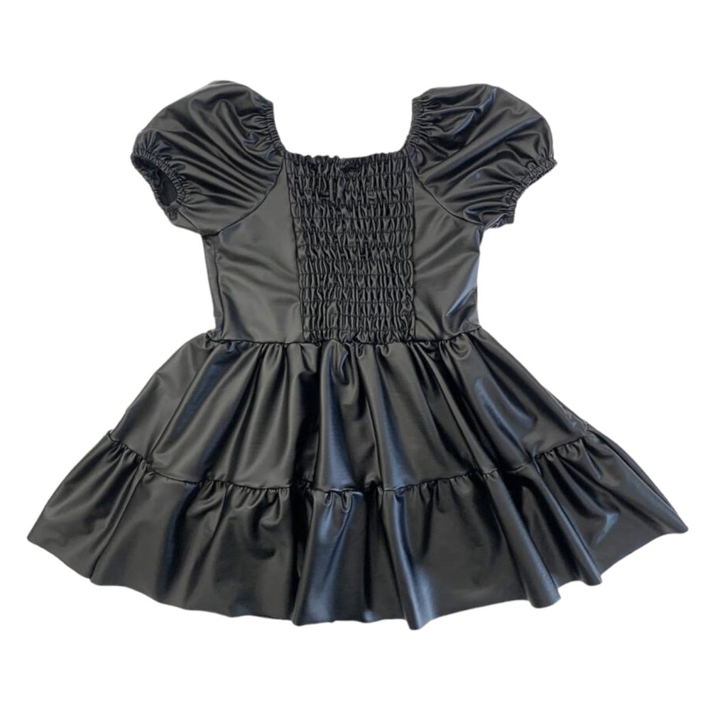 Pleather Puff Shoulder Ruffle Dress with Smocked Back | Little Mass