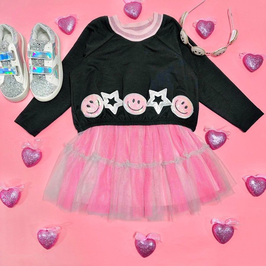 SMILEY FACE & STARS PATCHES TUTU DRESS